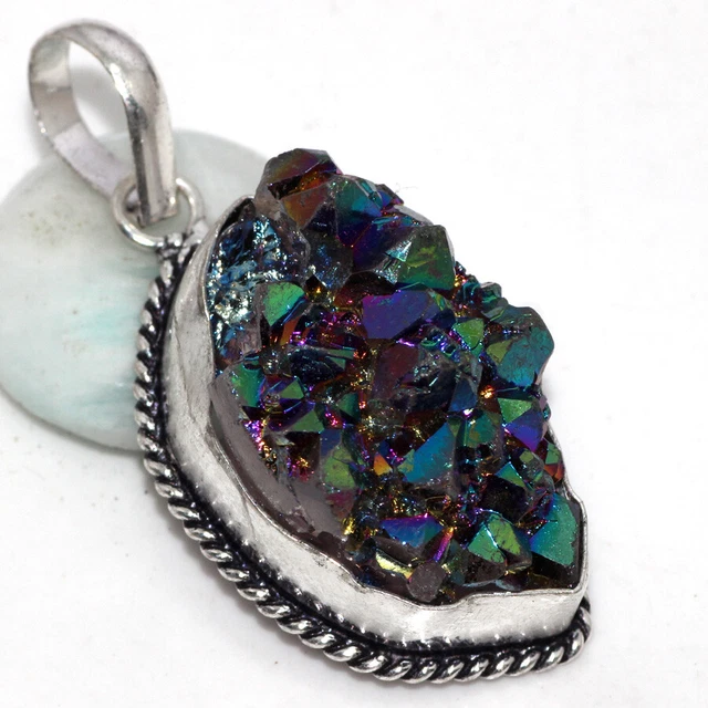 925 SILVER PLATED-TITANIUM Druzy Ethnic Gemstone Handmade Pendant Jewelry 2" q80 EUR 3,06 ...