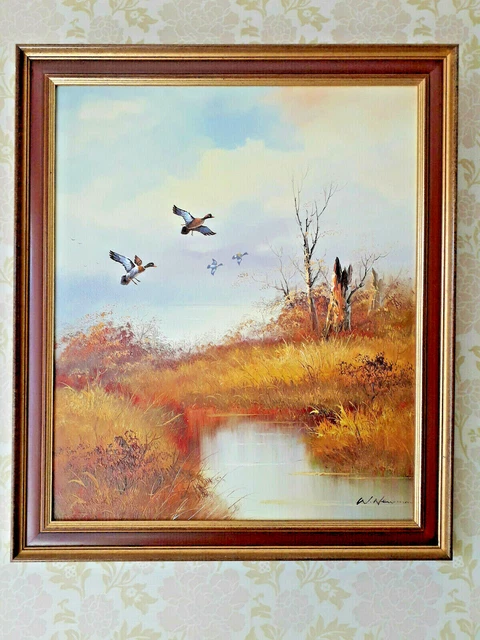 TABLEAU DE W. Newman : étang entouré de hautes herbes et survolé de ...