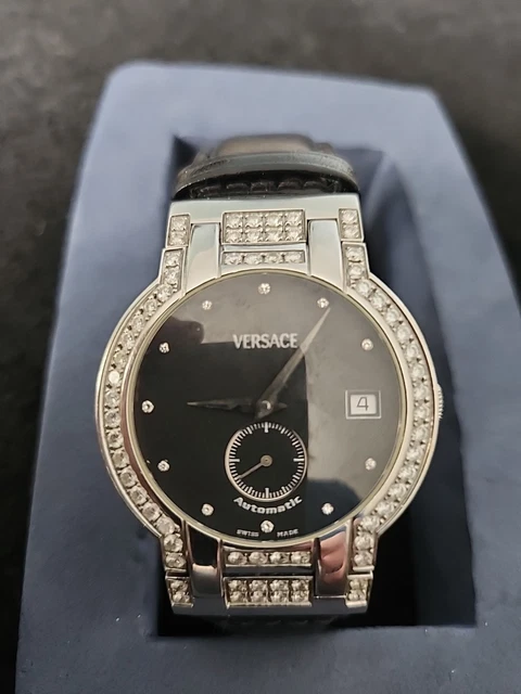 VERSACE MADISON BLACK Diamond Dial Diamond Lugs Swiss Mens Automatic ...