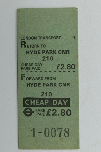 LONDON UNDERGROUND RAILWAY Ticket Hyde Park Central 210 Cheap Day #0078 ...