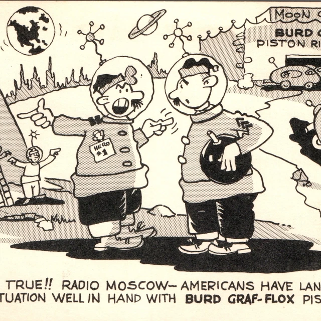 RARE BURD GROF Flox Pistons Soviet Union Moon Space Race Comic Postcard ...