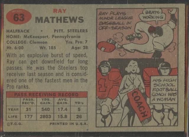 1957 TOPPS #63 Ray Mathews Steelers de Pittsburgh EUR 4,44 - PicClick FR