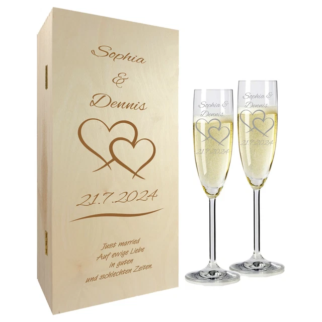 GESCHENKSET HOCHZEIT SEKTGLÄSER personalisiert Holzbox Zwei Herzen 2er EUR 39,95 - PicClick DE