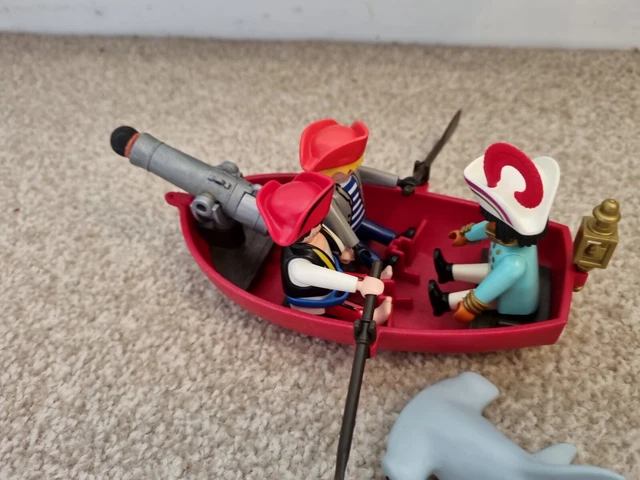PLAYMOBIL PIRATE ROWING Boat with Cannon, being chased by a Hammerhead ...