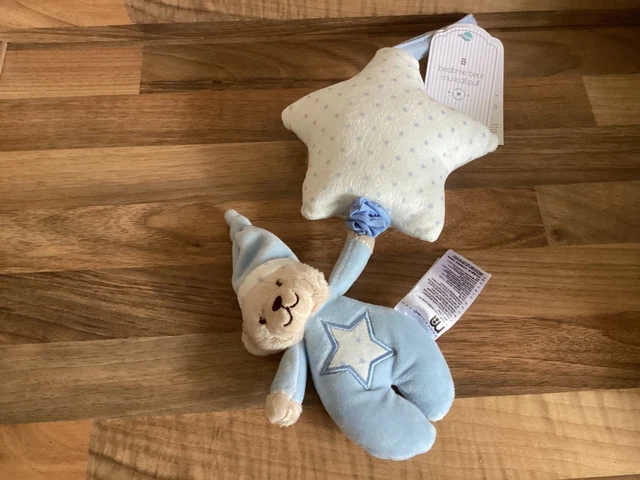 MOTHERCARE BLUE BEDTIME Teddy Bear Star Soft Cot Pull Musical Toy ...