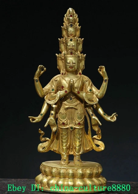 11 &VIEILLE STATUE tibétaine de Guanyin en cuivre violet plaqué or à mille bras EUR 330,00 ...