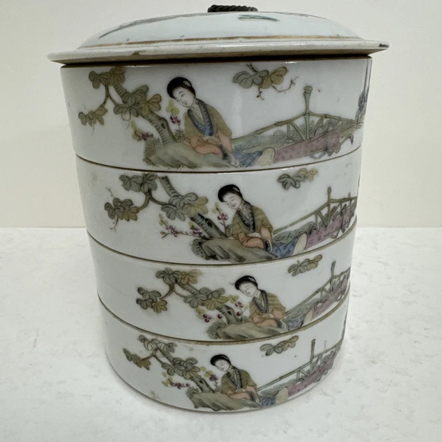 ANTIQUE CHINESE FAMILLE Rose Porcelain Stacking Bowls with Lid - 4 £107 ...