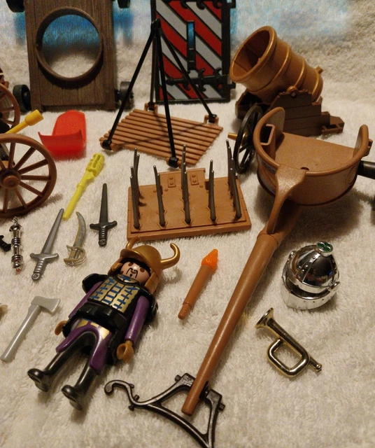 LOT PIÈCES ANCIEN Playmobil Moyen-Age chevalier canon glaive cape char ...