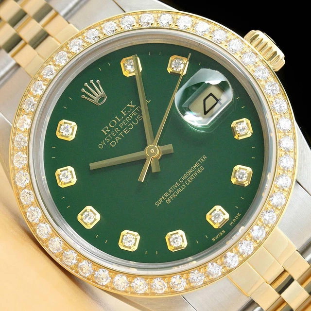 ROLEX MENS DATEJUST Green Diamond 18K Yellow Gold & Steel Watch + 1.6 ...