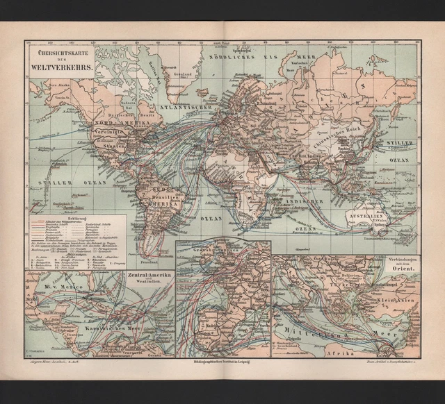LANDKARTE MAP 1890: Übersichtskarte des Weltverkehrs. WELTVERKEHR ...