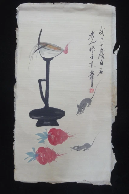 VERY LARGE OLD Chinese Hand Painting Mice and Oil Lamp "QiBaiShi" Marks ...