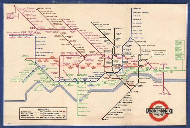 LONDON UNDERGROUND TUBE map diagram of lines. Middle Circle. HARRY BECK ...