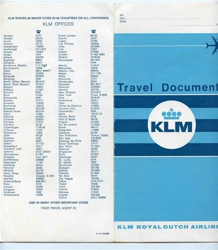 KLM TRAVEL DOCUMENTS Folder Tickets Luggage Tags Boarding Passes 1971 ...