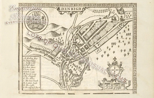 OLD RARE PHOTO PRINT Denbigh 'Dinbych' Town Map c1770 18th Century size ...
