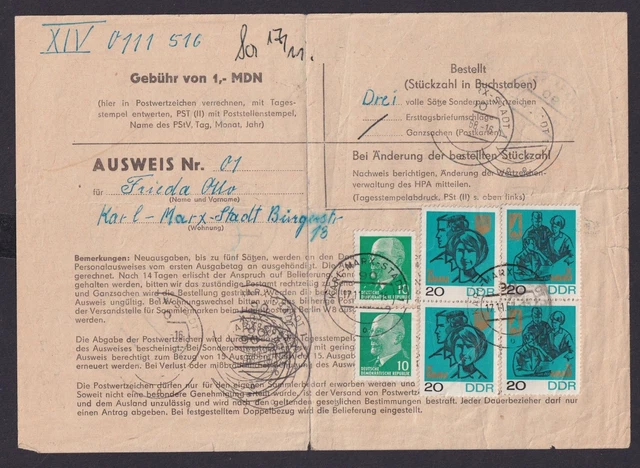 DDR OSTALGIE KARL Marx Stadt Ausweis Gebühr 1,- MDM für Postwertzeichen EUR 22,00 - PicClick DE