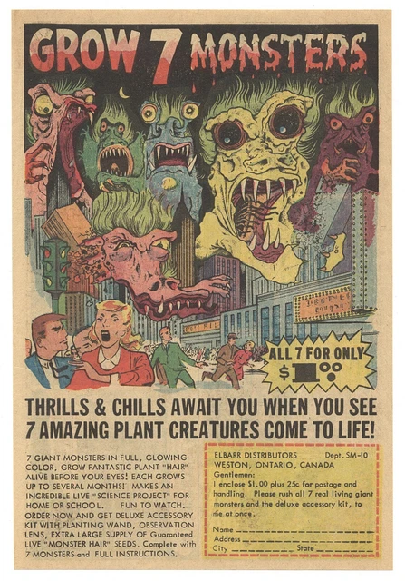 GROW MONSTERS VINTAGE 1960s comic book print ad Horror novelty toy EUR ...