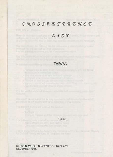 LITERATURE CHINA-TAIWAN 'CROSS reference (Catalogue Number) list'. $9. ...