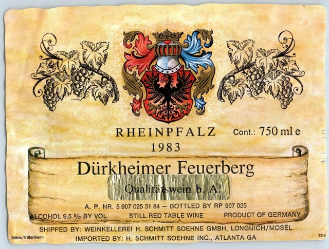 1970'S-80'S RHEINPFALZ DURKHEIMER Feuerberg German Wine Label Original ...