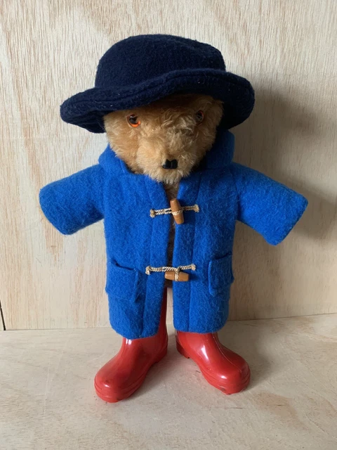 VINTAGE MOTHERCARE PADDINGTON Bear Blue Duffle Coat Hat Red Rubber Boots 17” £34.99 - PicClick UK