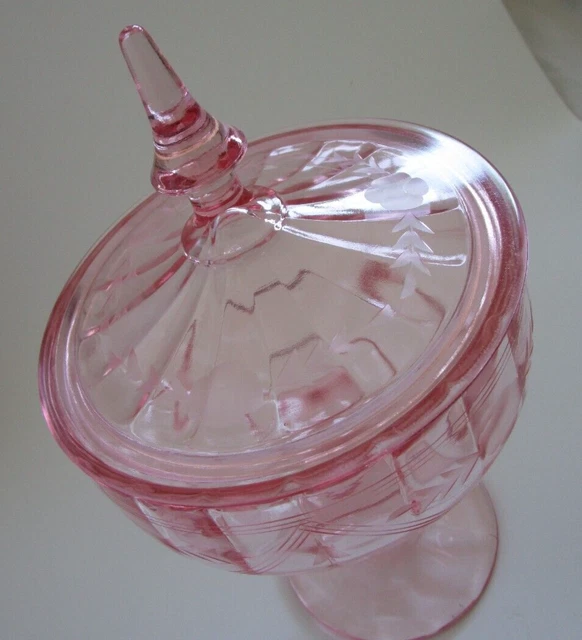VTG PINK DEPRESSION Glass Compote & Lid - McKee Pottery & Glass Etched ...