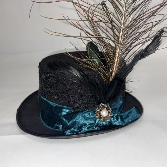 BLACK STEAMPUNK BURNING Man Women Top Hat with peacock feather and Lace ...