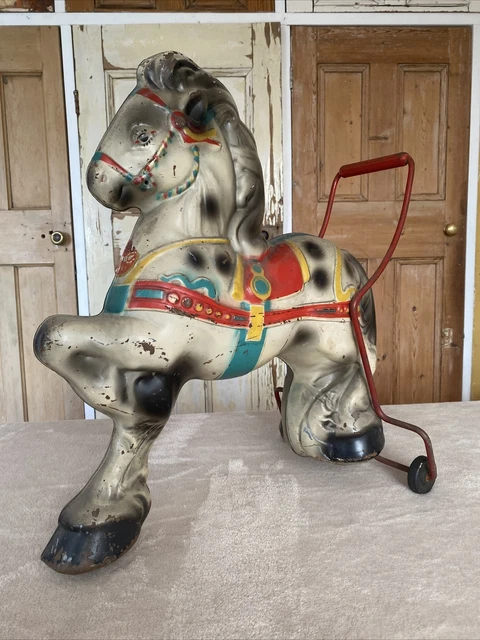VINTAGE MOBO PONY. WHEELED PUSH ALONG HOBBY HORSE TOY. TIN. 21x19 INCH ...