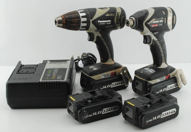 PANASONIC CORDLESS SET 14.4V Combi Drill & Impact Driver + 4 Batteries ...