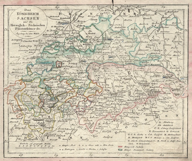 SASSONIA TURINGIA, GERMANIA Originale Incisione Cartina Geografica ...