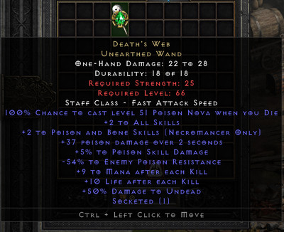 DEATH'S WEB +2/+2/-54 NECROMANCER Wand Diablo 2 Resurrected D2R PC XBOX ...