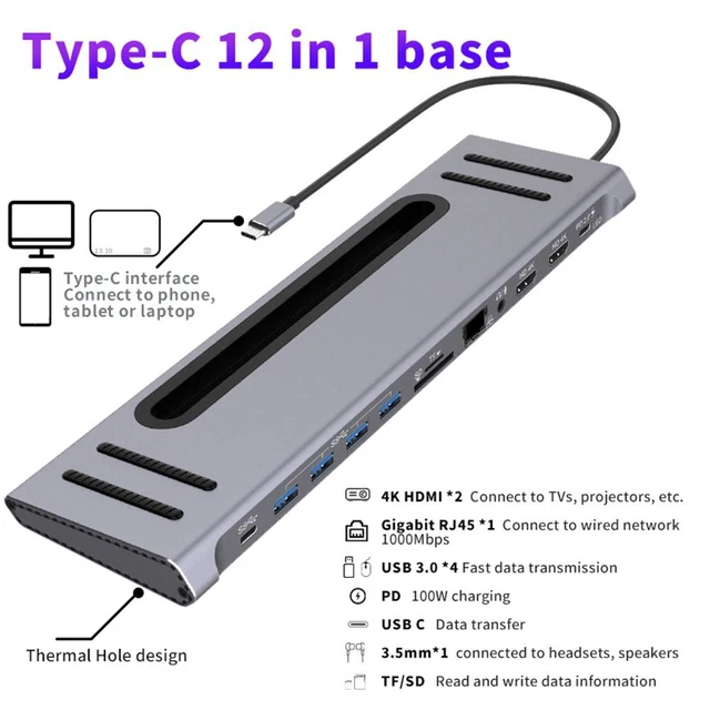 DOCKING STATION USB Type-C Hub Gigabit Ethernet 4K Dual HDMI For Laptop ...