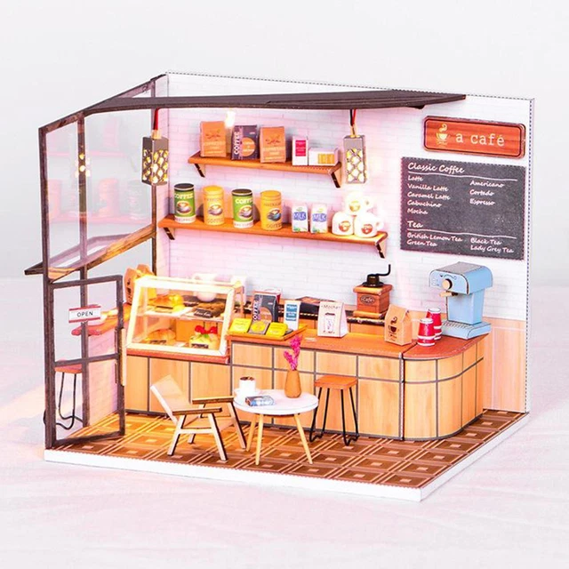 DIY DOLLHOUSE KIT Cafe Coffee Shop Wooden Doll House Model Assembly Toy ...