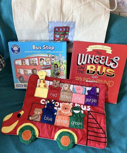 COLOUR BUS STORYSACK -book, 8 finger puppets, Bus stop game, VGC ...