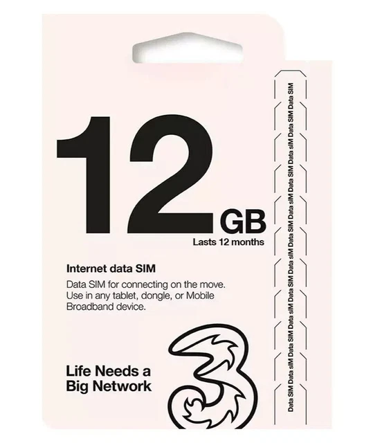 THREE PAYG PRELOADED 12GB 4G 5G Data SIM Mobile Broadband lasts upto 12 ...