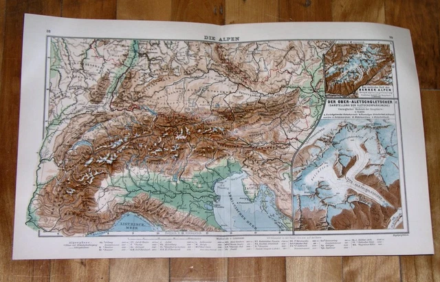 1930 VINTAGE PHYSICAL Map Of Alps / Italy Lombardy Piedmont Austria ...