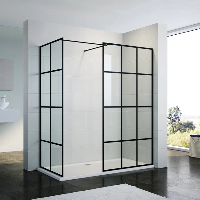 WALK IN WET Room Shower Screen Enclosure Black Grid Flipper Glass Panel 700mm £314.99 - PicClick UK