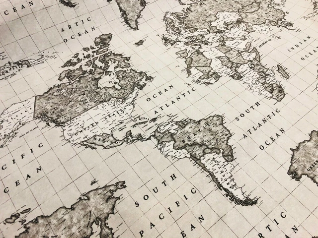 TISSU GRIS WORLD MAP vintage voyage Atlas rideau coton matière - 140 cm ...