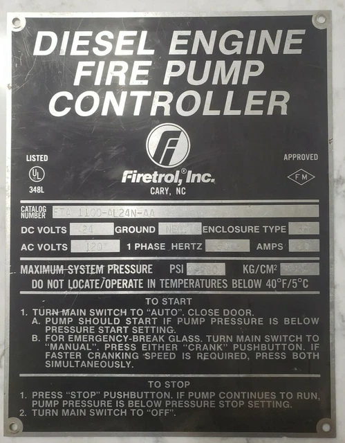 VINTAGE FIRETROL DIESEL Engine Fire Pump Controller Metal Serial Number ...