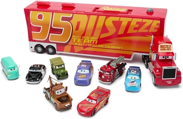 DISNEY PIXAR CARS Mack Hauler with 8 Pullback Die Cast Vehicles Light ...
