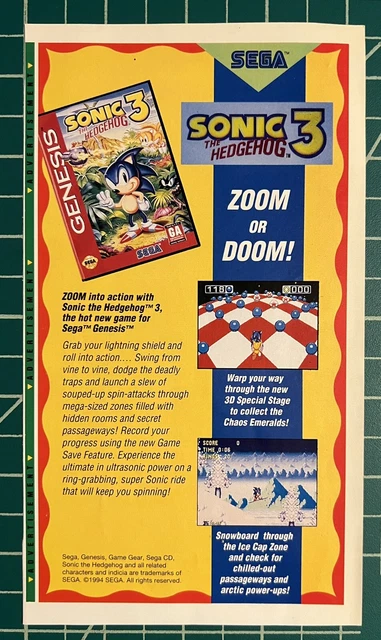 RARE SONIC THE Hedgehog 3 Advertisement Sega Genesis 1994 Game Gear Ad ...