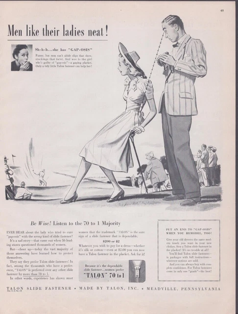 1940 PRINT AD Talon Slide Fastener Zipper Men Like Their Ladies Neat ...
