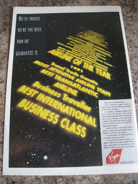 VIRGIN ATLANTIC ATTENTION Earth Travellers Upper Class1991 1992 Advert ...