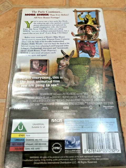 SHREK- DREAMWORKS 2001-VHS video cert U 89mins PAL-Murphy-Myers-Diaz ...