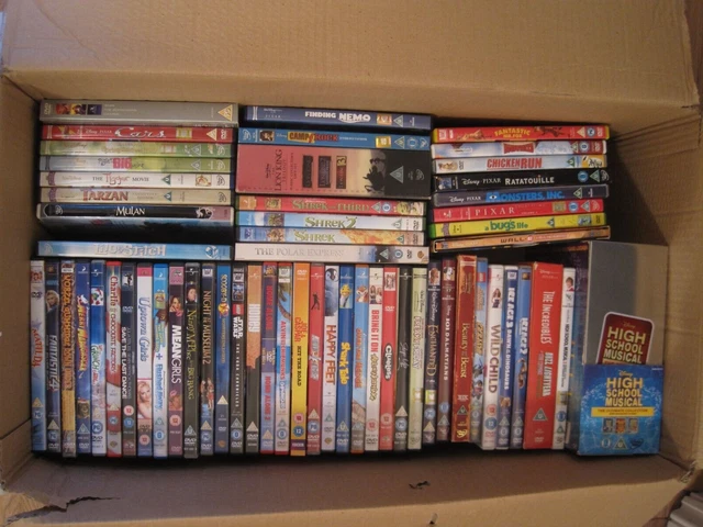 JOB LOT BOX of 60 plus Children's DVD's & 9 blu rays. Disney ,Pixar ...