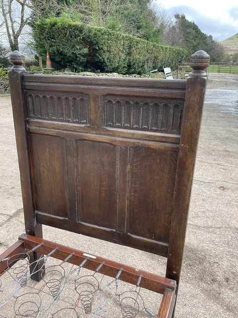 STAPLES ANTIQUE OAK Carved bed Single bed frame with Staples sprung ...