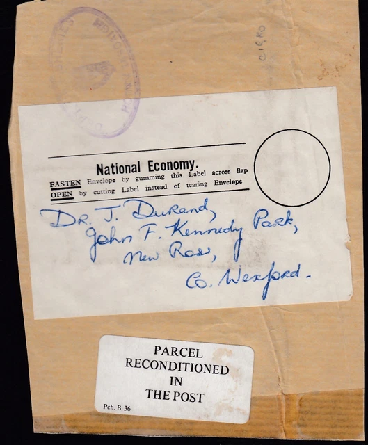 IRELAND C1980 UNUSUAL label ‘Parcel Reconditioned in the Post’ Dept of ...