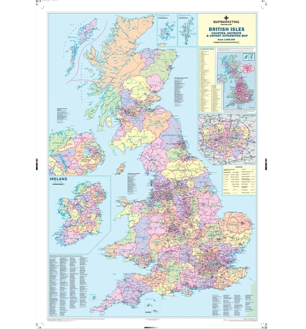 UK WALL MAP –Laminated Large Map - Counties, District, Postcode Areas ...
