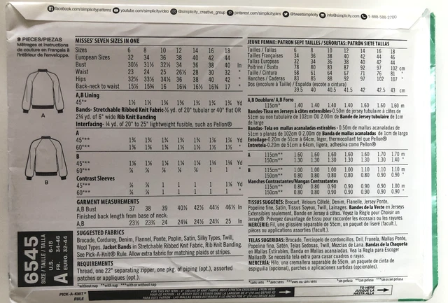 NEW LOOK 6545 Sewing Pattern Misses Bomber Flight Jacket in five sizes ...