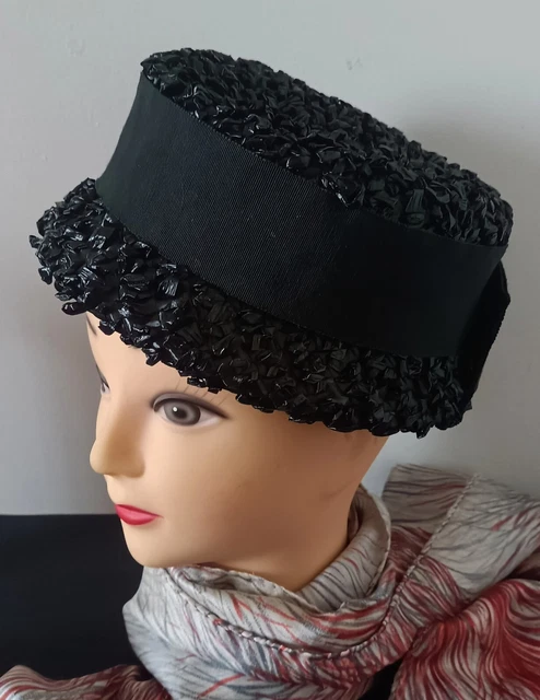 ANCIEN CHAPEAU BIBI paille noire orné d'un large ruban tour de tête 55 ...
