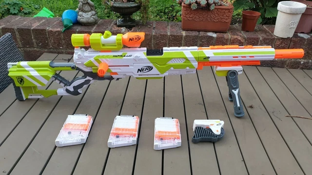 NERF LONGSTRIKE MODULUS sniper rifle scope bipod mags foregrip & 18 ...