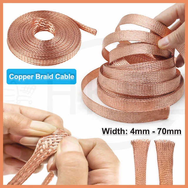FLAT PURE COPPER Braid Cable Bare Copper Braid Wire Ground Lead Width ...